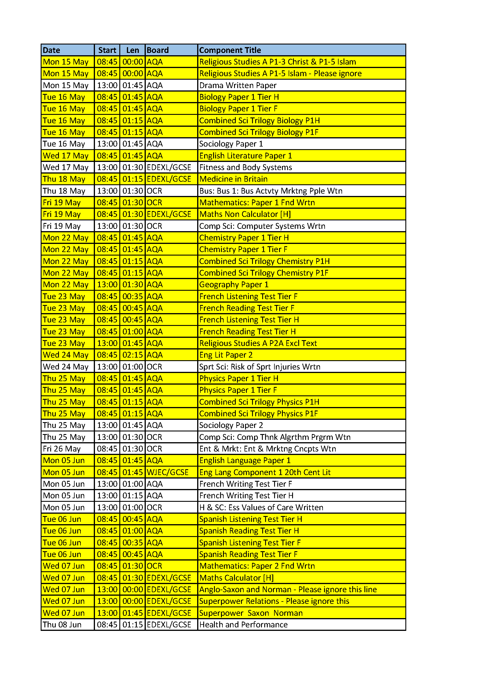 Aston Academy - Exam Timetables