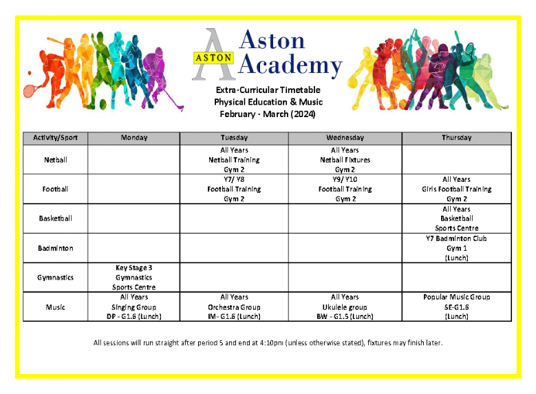 Aston Academy - Extra Curricular Clubs